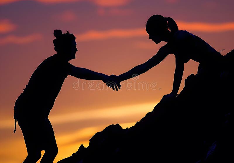 Silhouette of a Helping Hand during on a Mountain Stock Illustration ...