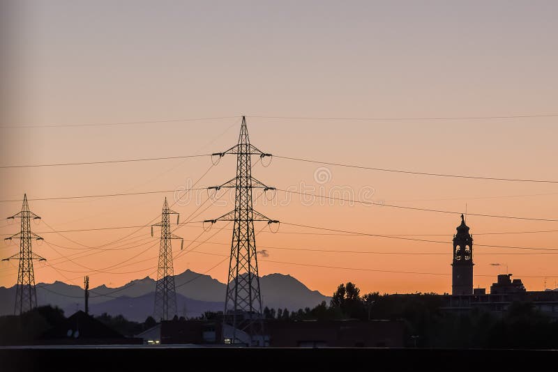Silhouette of High Voltage Power Line Cables in Sunset Stock Photo ...