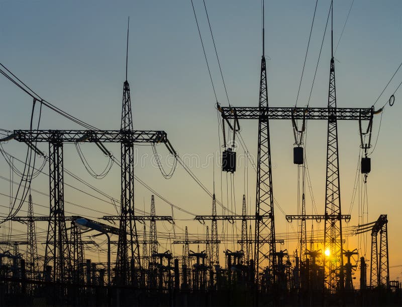 Silhouette of High Voltage Power Lines with Transformers at Suns Stock ...