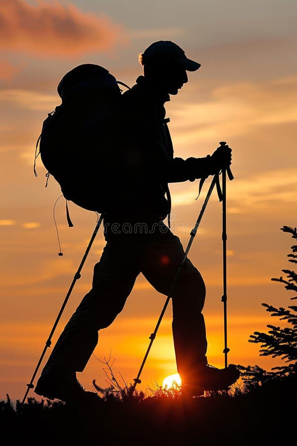 Silhouette of Hiker on Mountain Ridge at Sunset, Majestic Landscape ...