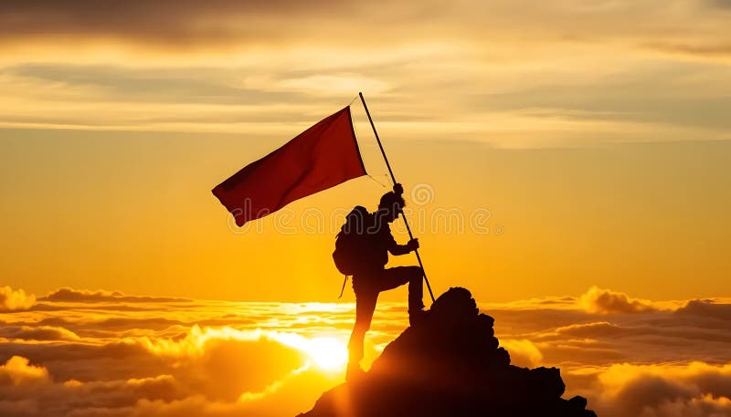 Silhouette of a Hiker Planting a Flag on a Mountain Stock Illustration ...