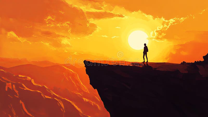 A Silhouette of a Hiker Standing on a Cliff with a Sunset Behind, Soft ...