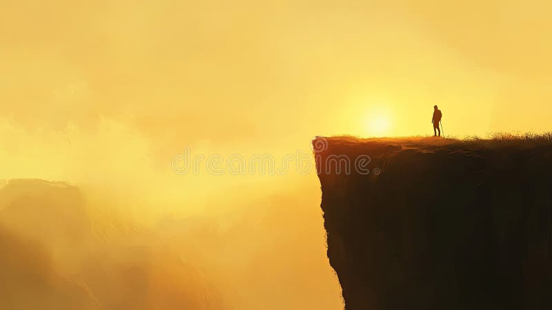 A Silhouette of a Hiker Standing on a Cliff with a Sunset Behind, Soft ...