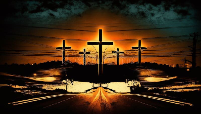 Silhouette of 3 Holy Crosses on Beautiful Orange Sunset in Epic Style ...