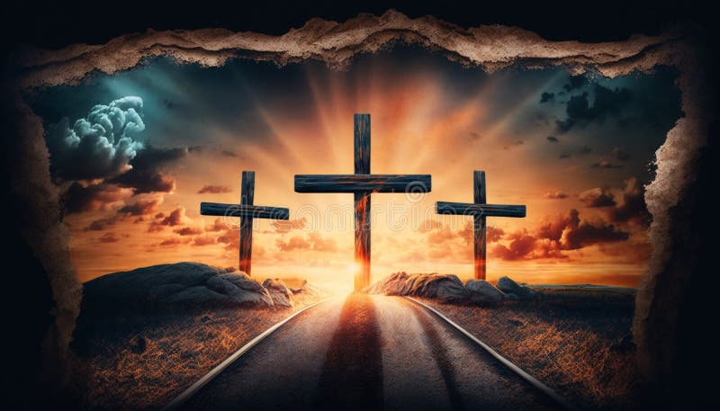 Silhouette of 3 Holy Crosses on Beautiful Orange Sunset in Epic Style ...