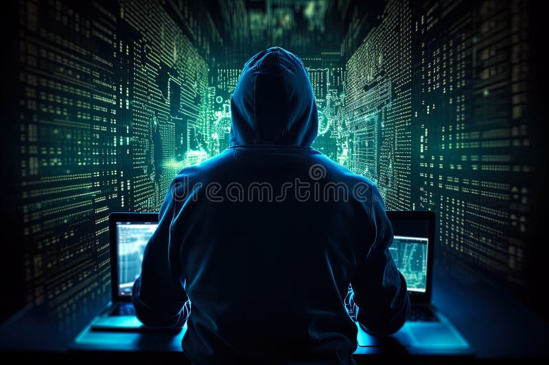 Silhouette of Hooded Computer Hacker on Background of Multiple Displays ...