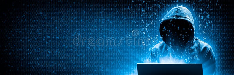 Silhouette of Hooded Criminal Hacking Computer on Binary Code Background Stock Image - Image of ...