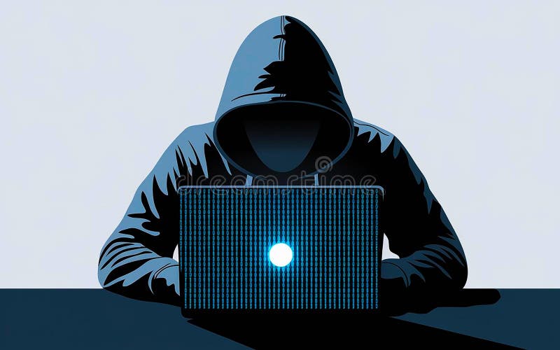 Silhouette of a Hooded Figure Working on a Laptop, Blue Glow from the ...