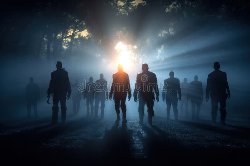 Silhouette of a Horde of Zombies Walking Towards the Camera Out of the ...