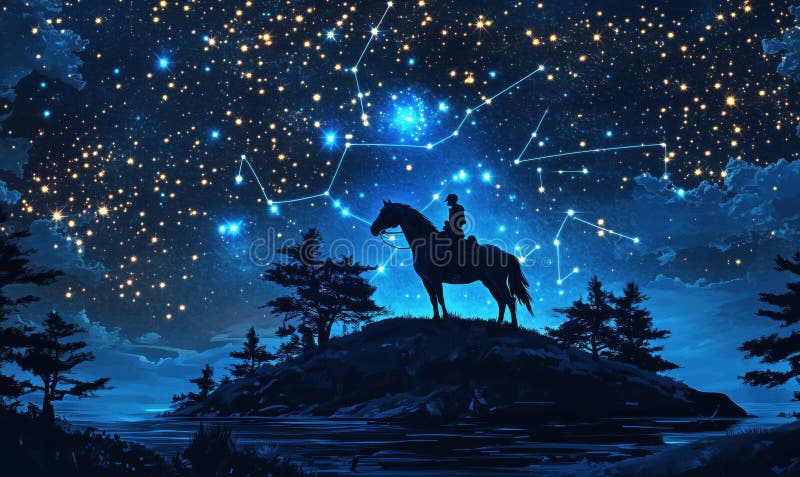 Silhouette of a Horse and Rider Under a Starry Night Sky with ...