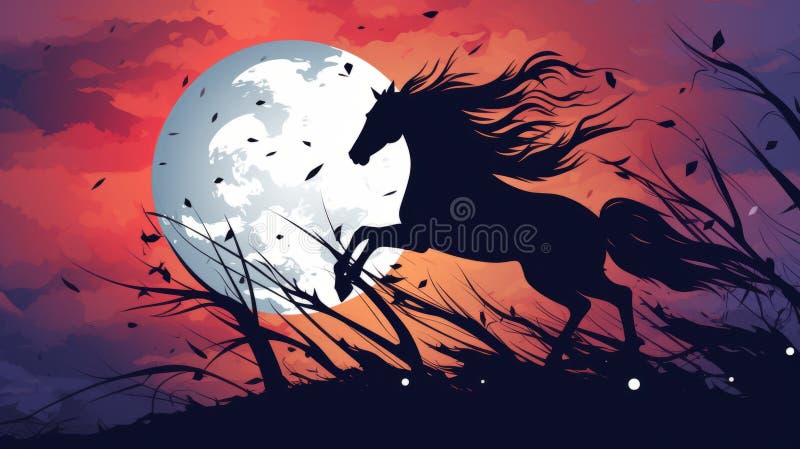 Silhouette of a Horse Running in Front of a Full Moon Stock ...
