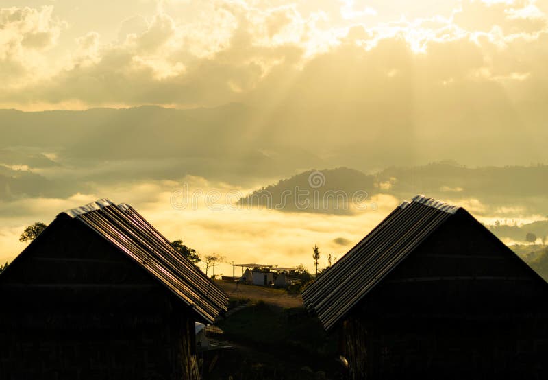 Silhouette of the House Morning Sun and Mist Stock Photo - Image of ...