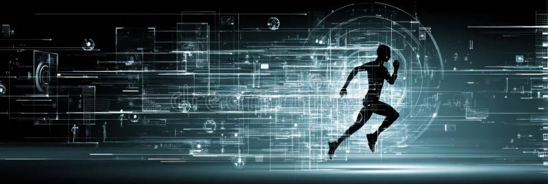 Silhouette of a Human Figure Running Surrounded by a Digital HUD ...