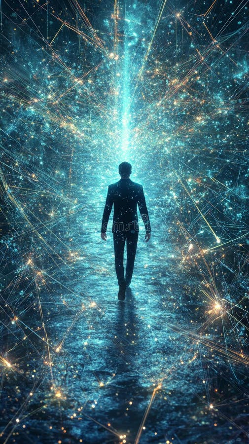 Silhouette of Human Figure Standing in Glowing Digital Matrix Tunnel ...