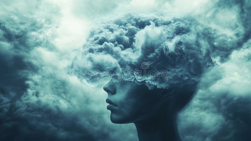 Cloudy Thoughts Emerge As a Silhouette with Swirling Clouds Above in an Artistic Representation ...