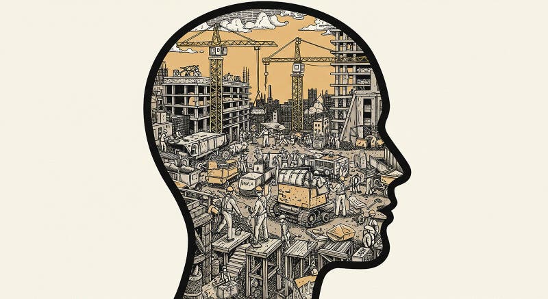 A Silhouette of a Human Head Contains a Busy Construction Site Inside ...