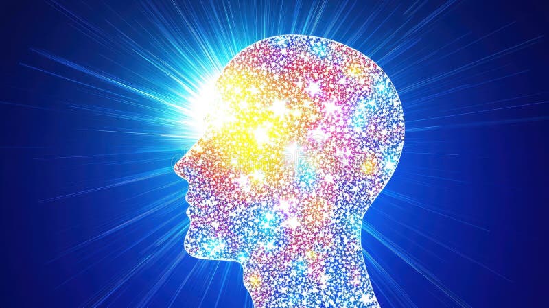 Silhouette of a Human Head Filled with Colorful Glowing Particles and ...