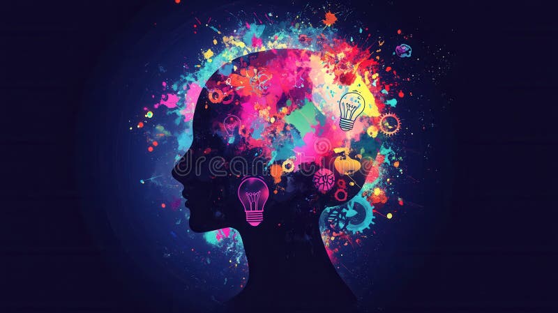 Silhouette of a Human Head Filled with Floating Creative Symbols ...