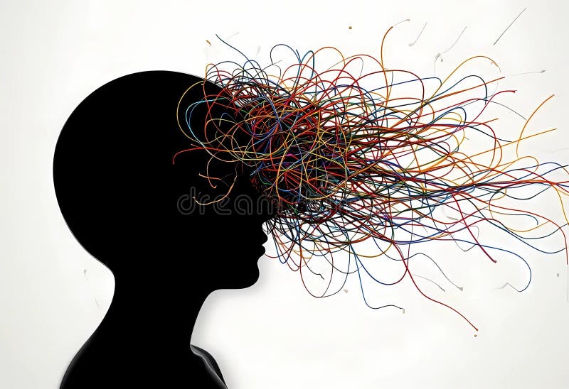 Silhouette of Human Head Filled with Tangled Colorful Thread and String ...