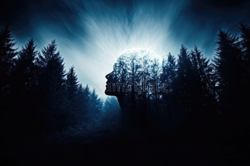 Silhouette of a Human Head in Forest with Surreal Light Sky Stock Image ...