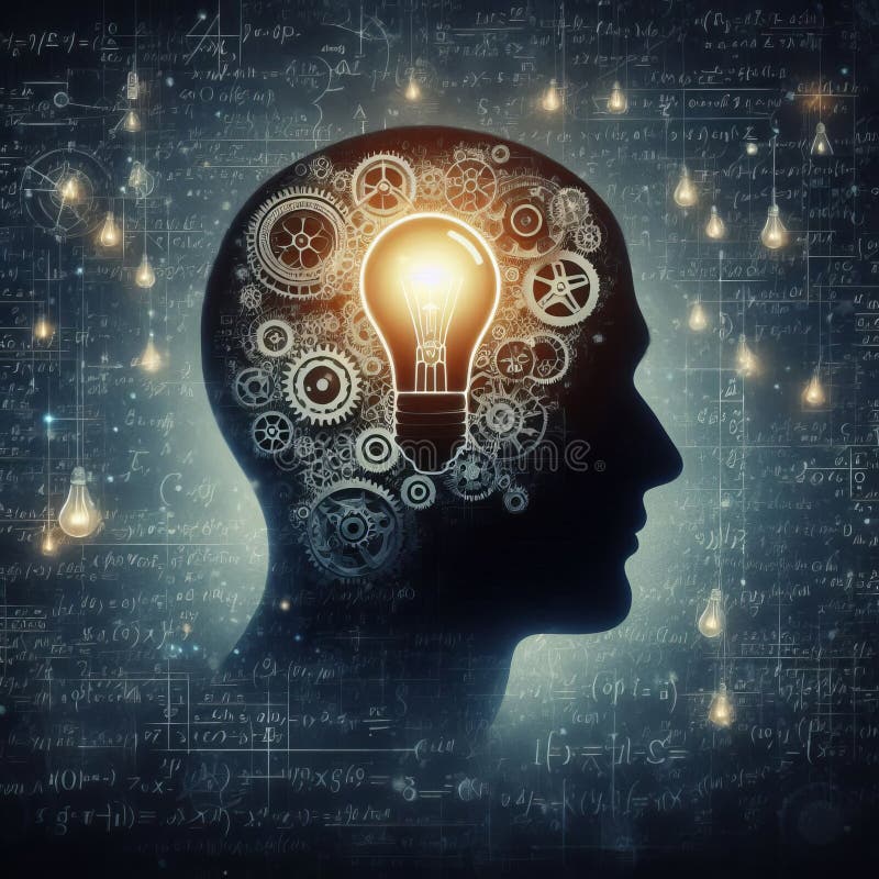 Silhouette of Human Head with Gears and Light Bulb, Representing ...