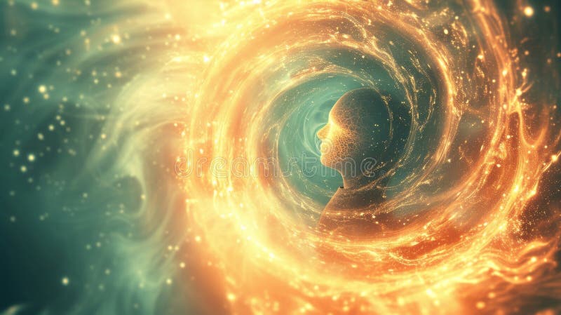 Silhouette of Human Mind Inside Glowing Golden Vortex Stock Photo ...