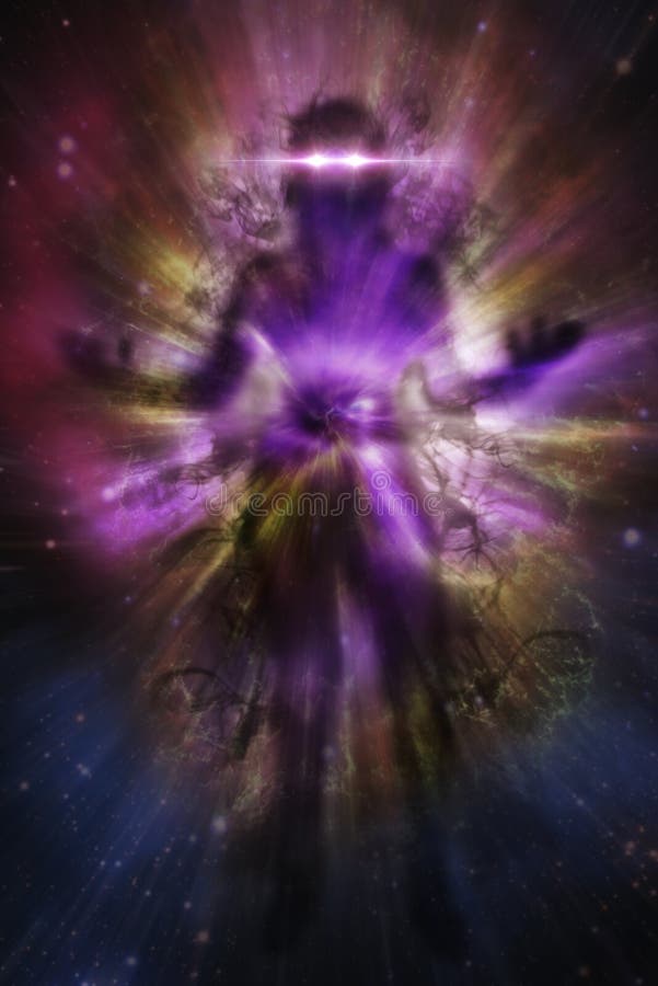 Silhouette of a Human with Rays of Light, Cosmos Image in Background ...