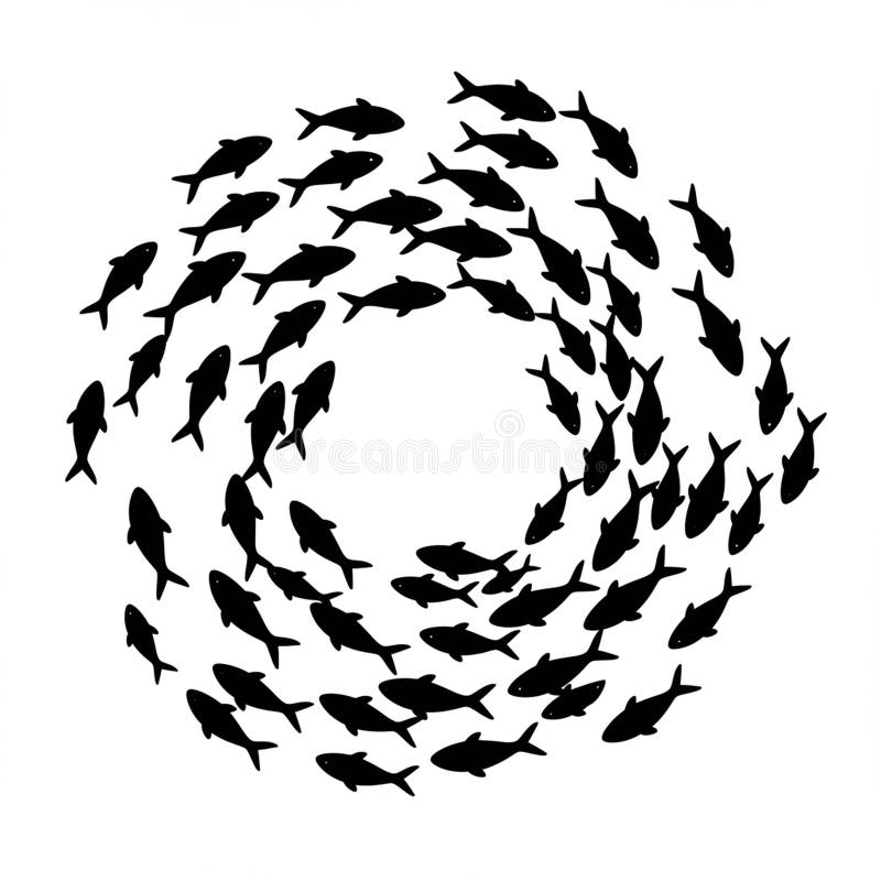 Silhouette Illustration of a School of Fish Swimming in a Spiraling ...
