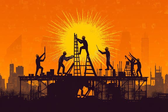 Silhouette of Workers Constructing Skyscraper with Ladder on Orange Sky ...