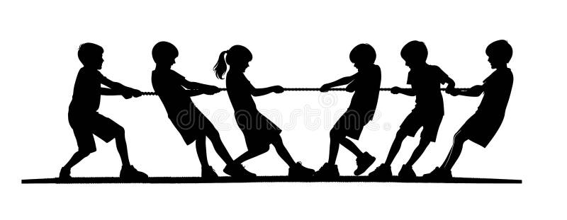 Silhouette Illustration of Kids Play Tug of War, Pulling Rope, Black on ...
