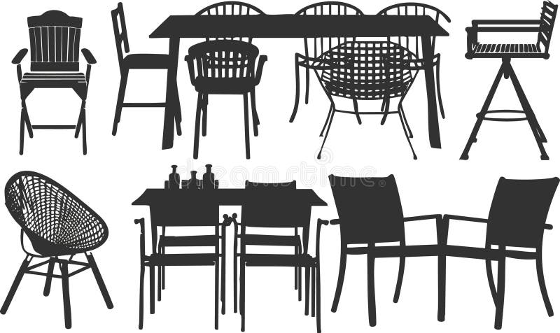 Silhouette Illustration of Various Chairs and a Table in Black and ...
