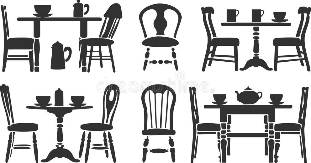 Silhouette Illustration of Various Dining Tables and Chairs in Black ...