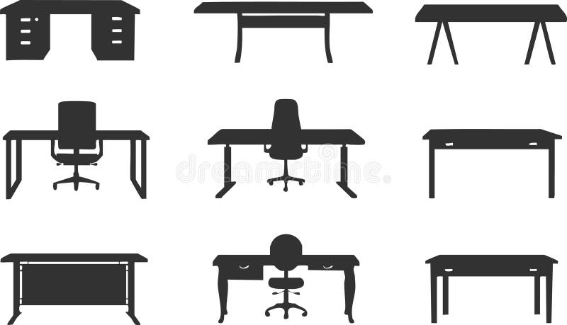 Silhouette Illustrations of Various Office Desks and Tables. Stock ...