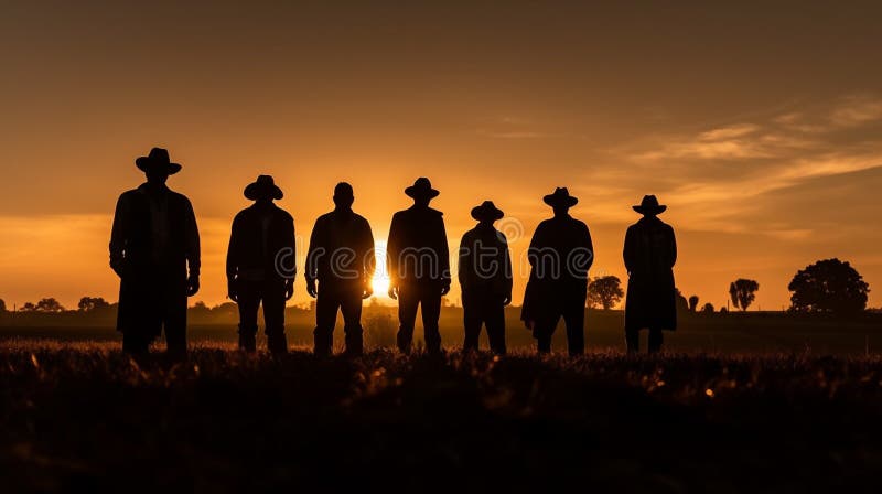 Silhouette Image of a Group of Farmers Standing Together in a Field at ...