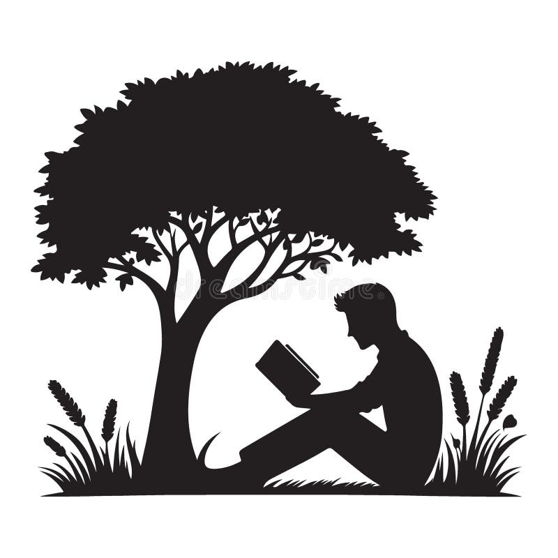 Silhouette Image of Man Reading Under a Tree in Forest Stock Vector ...