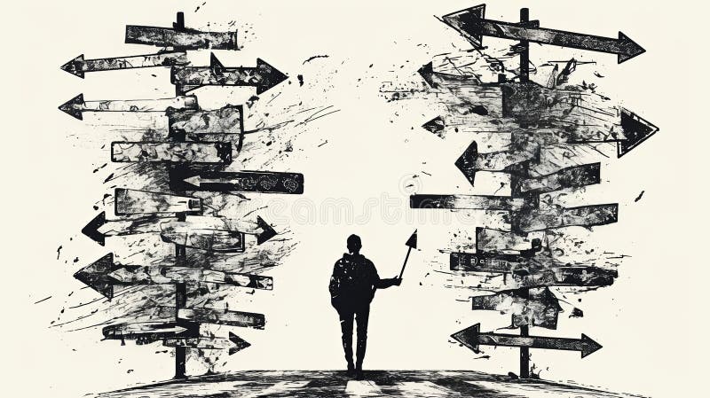 Silhouette of a Person Surrounded by Chaotic Directional Signs in Black ...