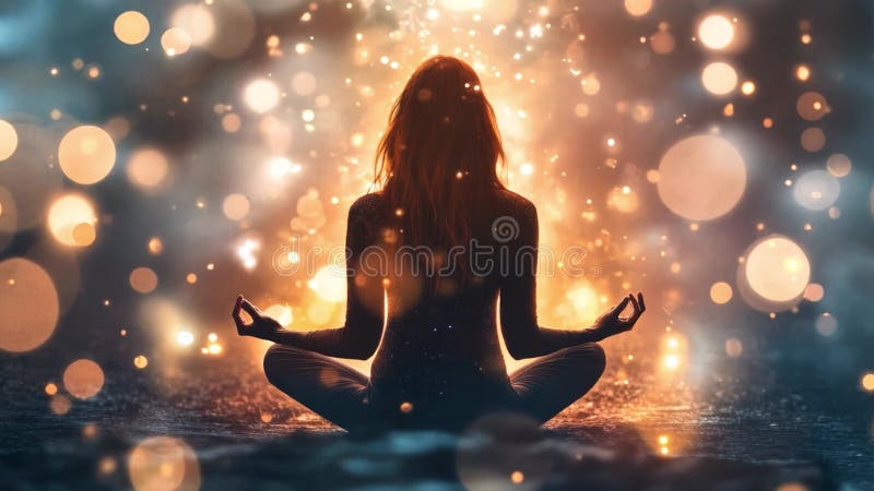 A Person Meditating with Glowing Orbs in a Mystical Setting at Dusk ...