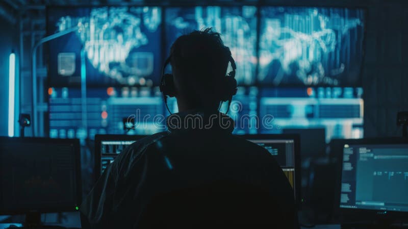 Person Monitoring Screens in High-Tech Control Room at Night Stock ...