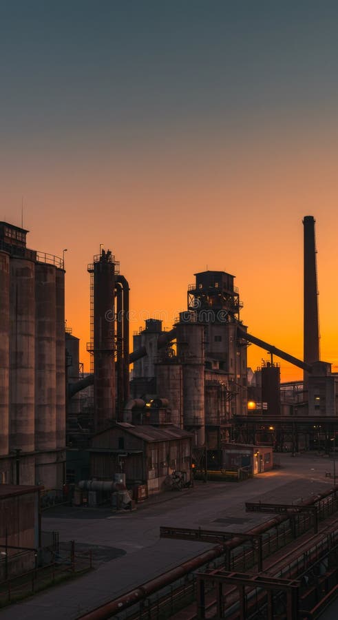 Silhouette of Industrial Factory at Sunset Stock Illustration ...