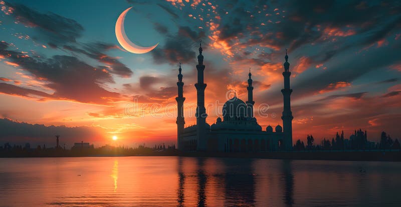 Silhouette of Islamic Mosque during Sunset Sky Crescent Moon at Night ...