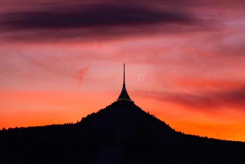 Silhouette of Jested Mountain at Sunset Time, Liberec, Czech Republic ...