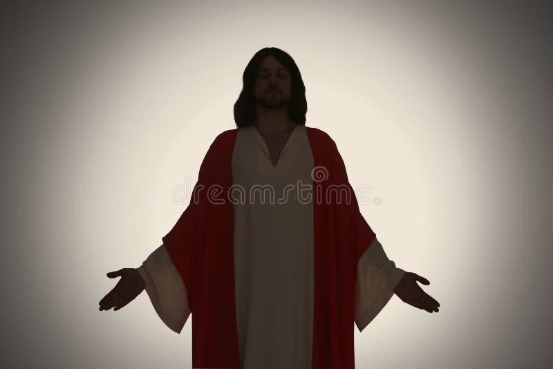 Silhouette Of Jesus Christ With Outstretched Arms On Color Background