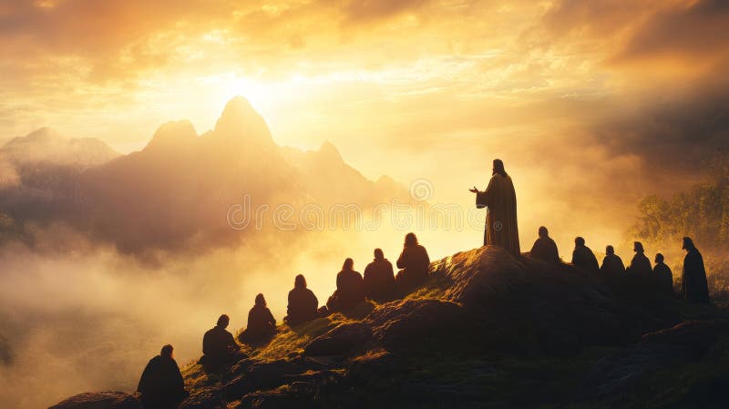 Silhouette of Jesus Teaching Disciples on Mountain at Sunset with Hazy ...