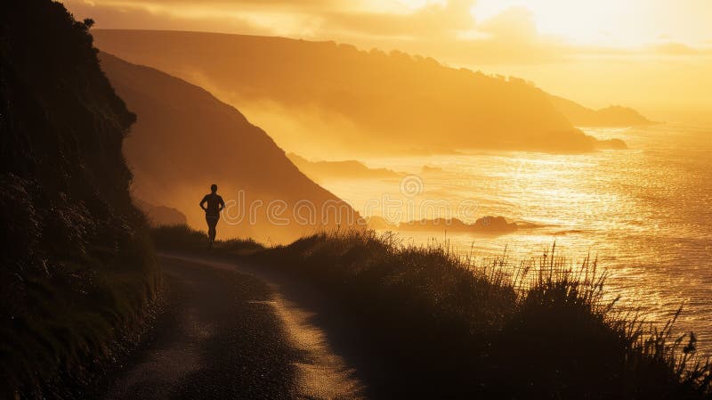 Silhouette of a Jogger Running Along a Coastal Path with the Sunrise ...