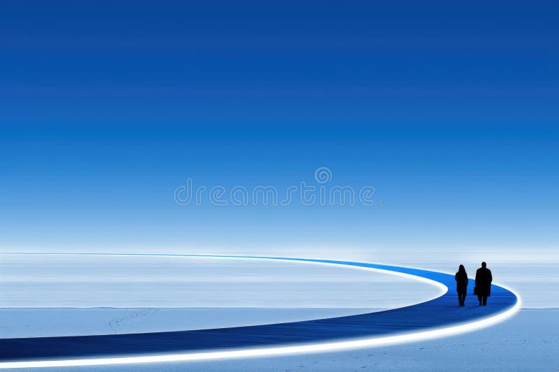 Silhouette Journey: Two Figures Walking Along Curved Path on Snowy ...