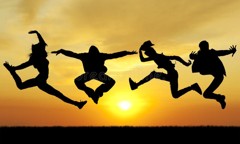 Silhouette Jumping Happiness People on Sunset Stock Image - Image of ...