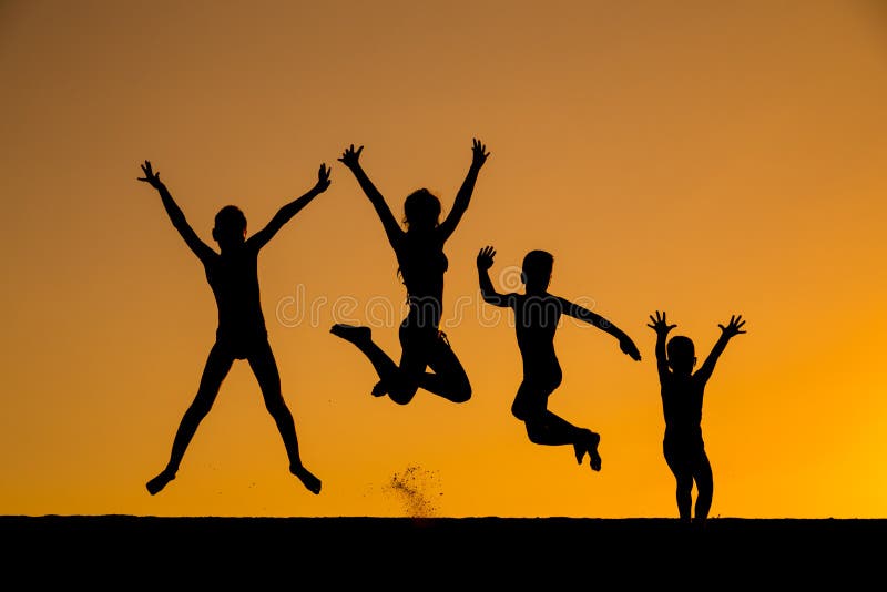 Silhouette of Jumping Kids Against Sunset Stock Image - Image of growth ...