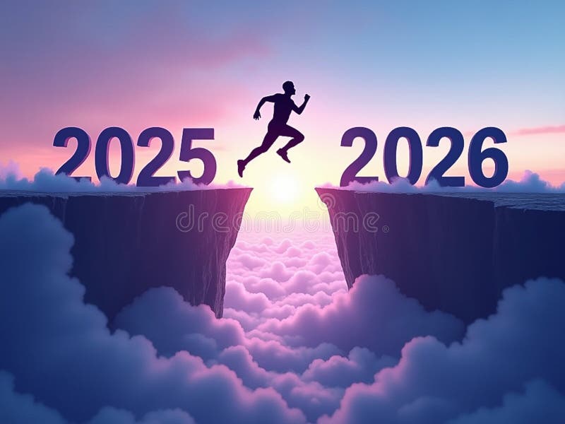 Silhouette Jumping from 2025 To 2026 Cliff at Sunset, Symbolizing New ...