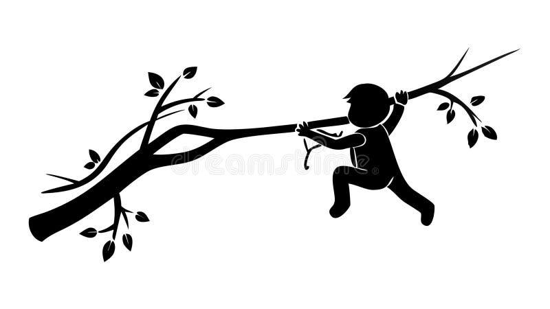 Silhouette of Kid Pulling a Tree Branch, Playful Outdoor Activity ...