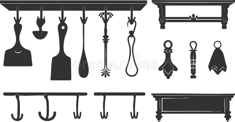 Silhouette of Kitchen Utensils Hanging on Hooks and Racks. Stock ...